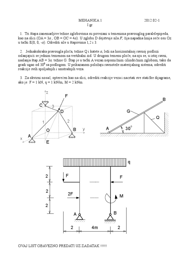 Mehanika 1 (Statika) - Ispitni Zadaci | PDF