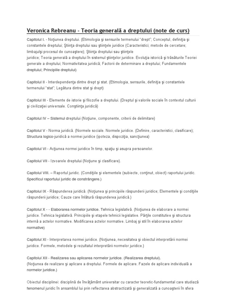 Teoria Generala A Dreptului (Veronica Rebreanu) - Note de Curs | PDF