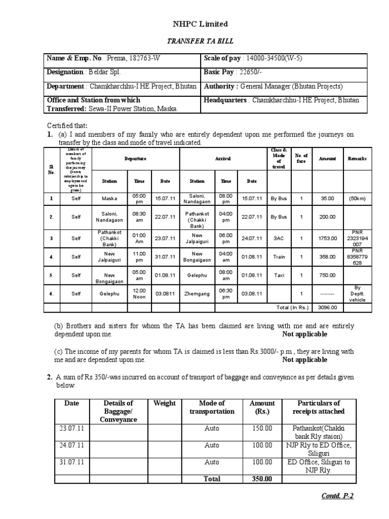 NHPC Limited: Transfer Ta Bill | PDF | Transport | Business