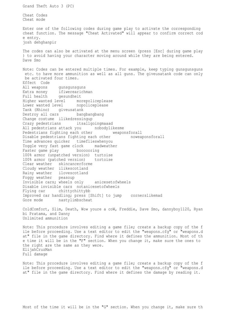 Gta3 Cheats | PDF | Cheating In Video Games | Computer File