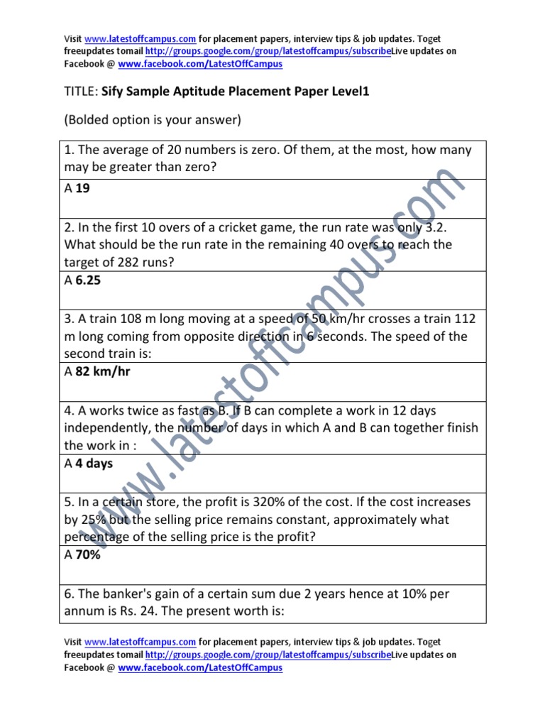 Sify Sample Aptitude Placement Paper Level1 | PDF | Interest | Facebook