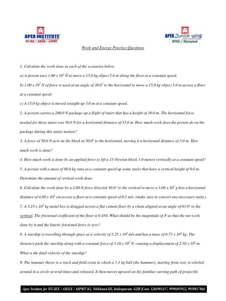 Work and Energy Practice Questions | PDF | Potential Energy | Force