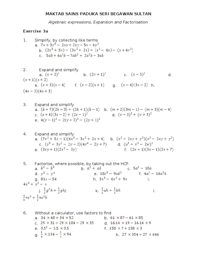 Class 8 Algebra: Expansion & Factorisation | PDF