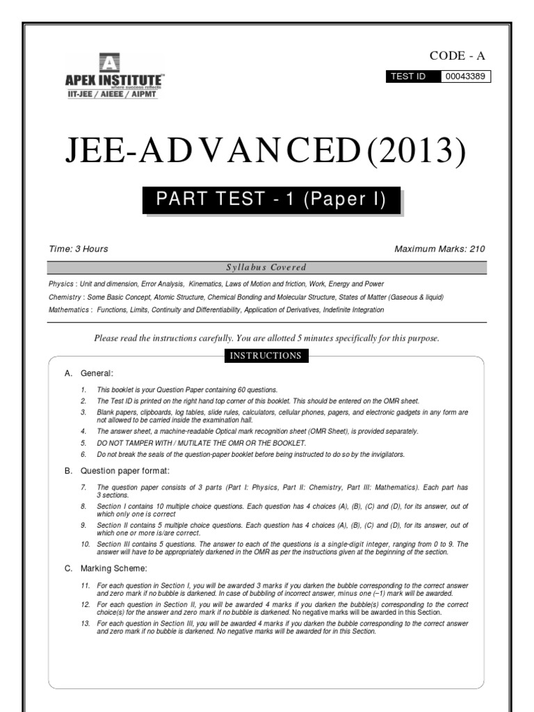 JEE-ADVANCED - Part Test 1 Paper - 2013 | PDF | Mechanics | Physical ...