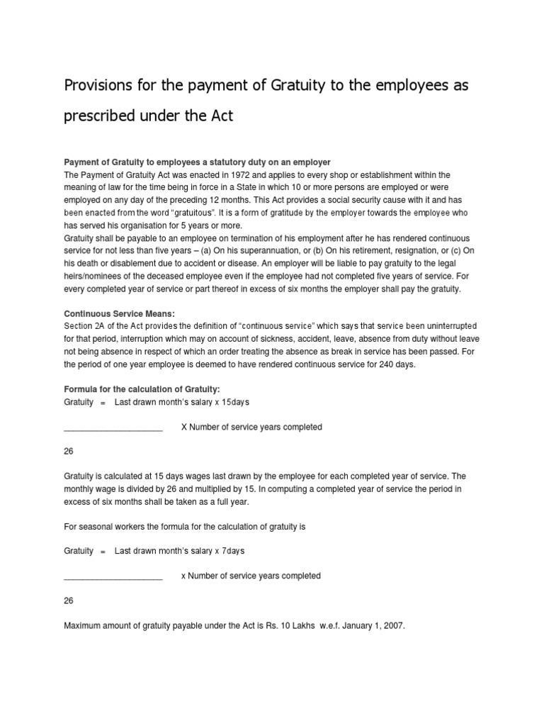Provisions For The Payment of Gratuity To The Employees As Prescribed ...