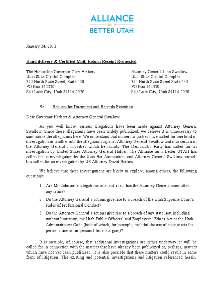 Records Preservation Request for AG Swallow | PDF | Lawyer | Voicemail