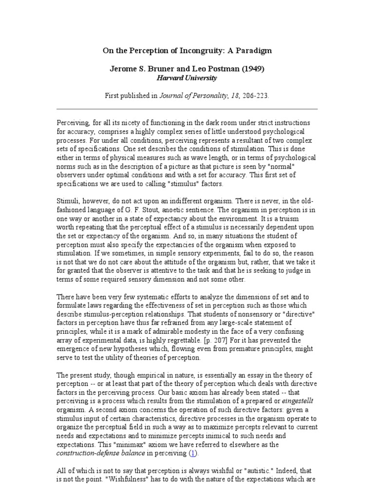 On the Perception of Incongruity: A Paradigm Jerome S. Bruner and Leo ...