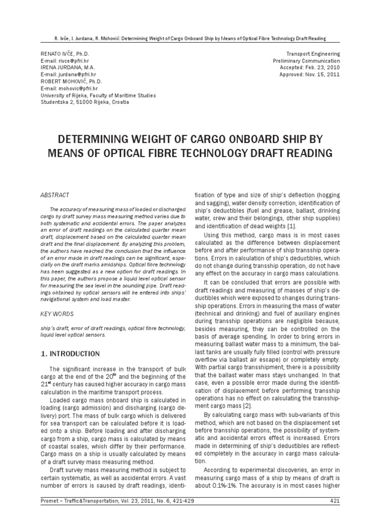 Determining Weight of Cargo Onboard Ship | PDF | Optical Fiber | Ships