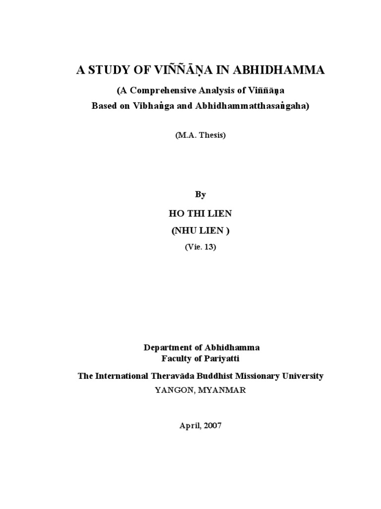 A Study of Vinnana in Abhidhamma | PDF | Consciousness | Philosophy Of Self