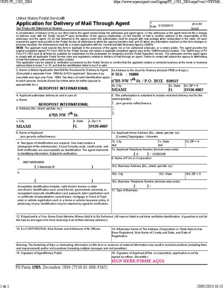 Application for Delivery of Mail Through Agent: # - 6703 NW 7 St. / P.O ...