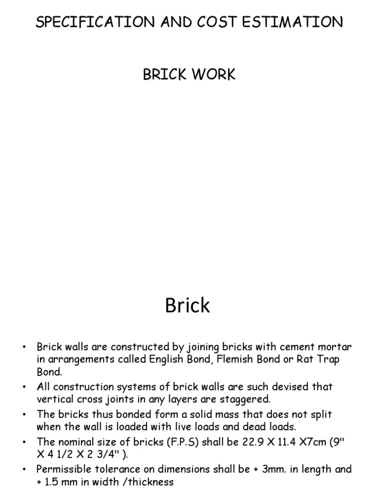 Specification and Cost Estimation Brick Work | PDF | Brick | Wall