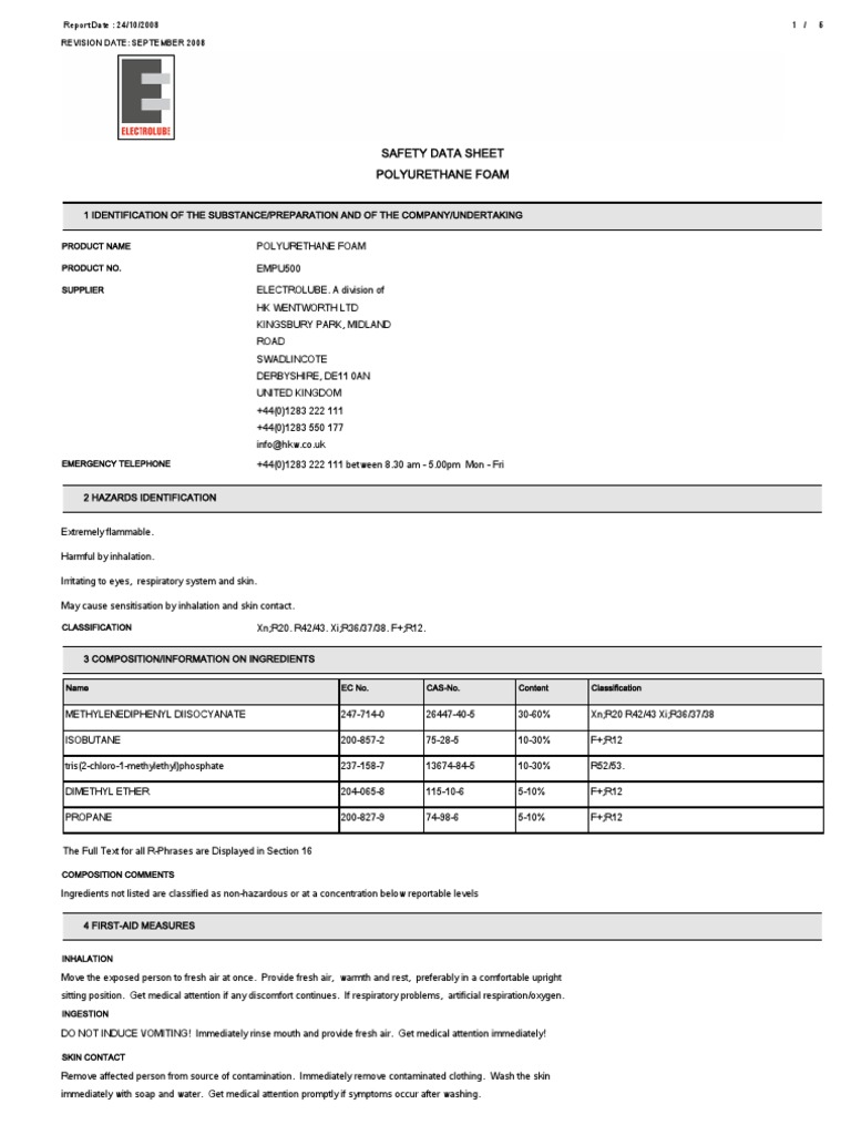 Safety Data Sheet Polyurethane Foam | PDF | Carbon Dioxide | Toxicity
