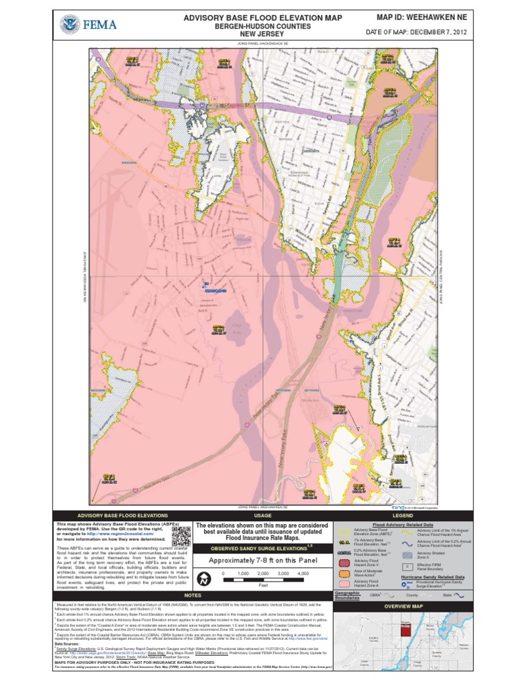 FEMA 12.07.12 Advisory Base Flood Elevation Map Bergen Hudson Counties ...