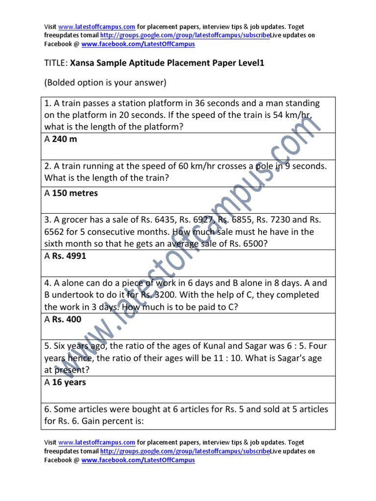 Xansa Sample Aptitude Placement Paper Level1 | Download Free PDF | Speed | Facebook