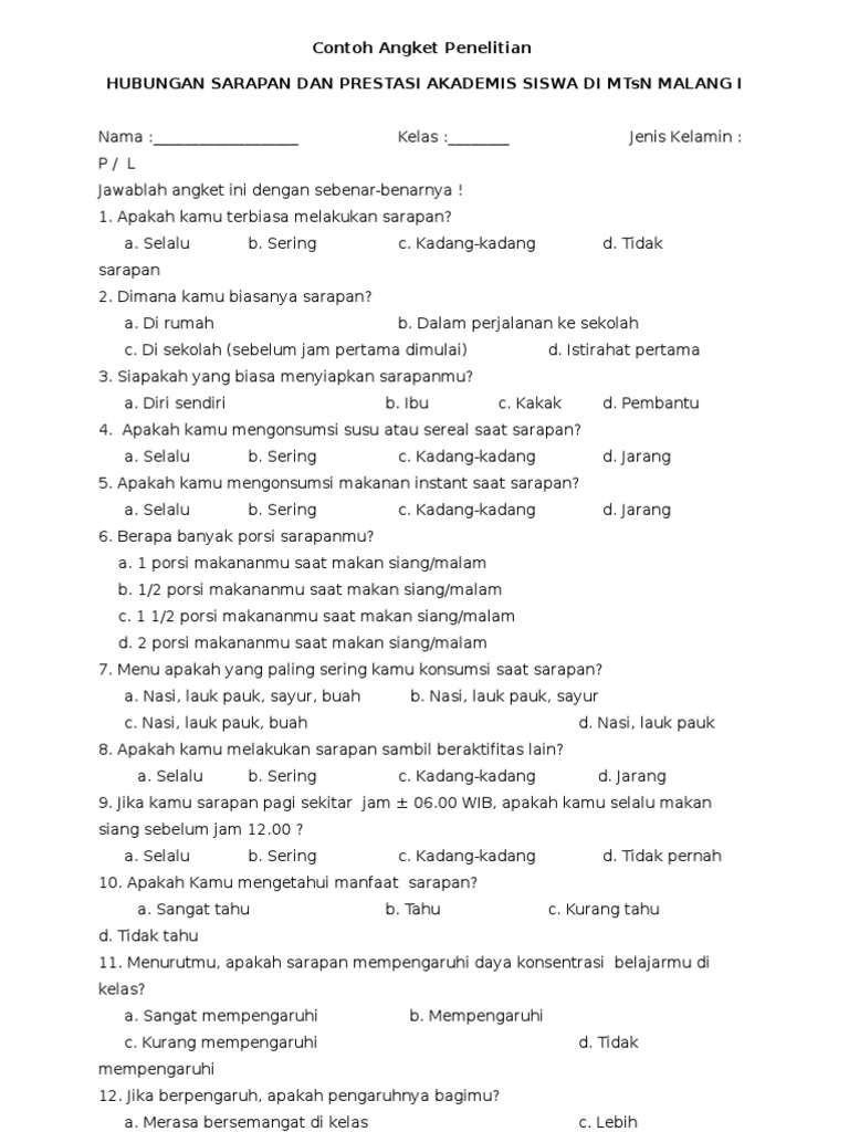 Contoh Angket Penelitian Kuantitatif - Aneka Contoh
