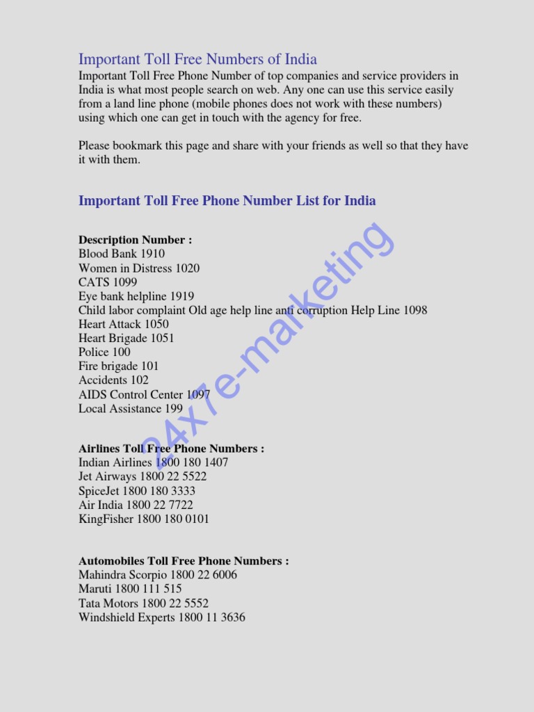 Important Toll Free Numbers of India | PDF | Business