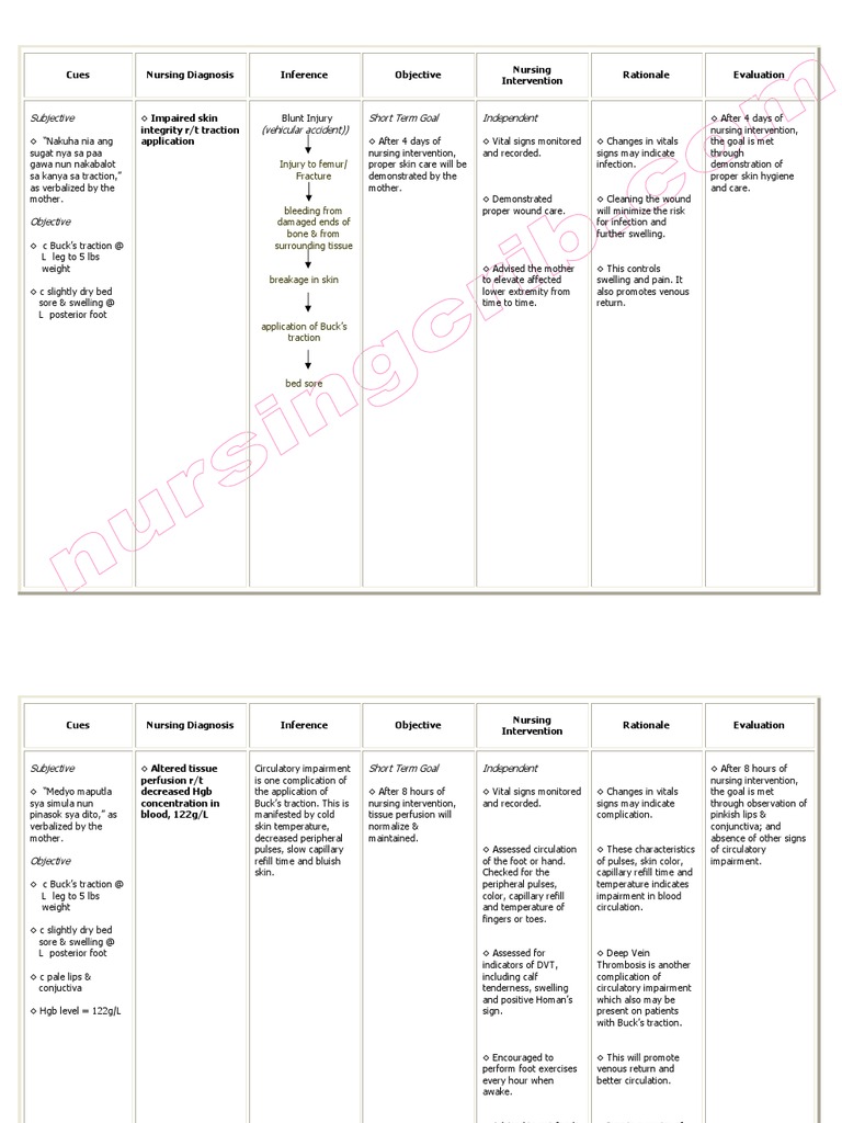 Nursing Care Plan Impaired Skin Integrity Traction) | PDF | Circulatory ...