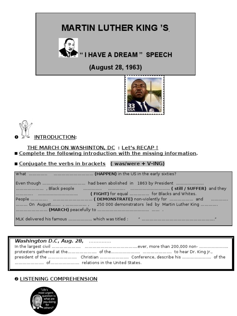 I Have A Dream Listening WorksheetBIS | PDF | Martin Luther King Jr ...