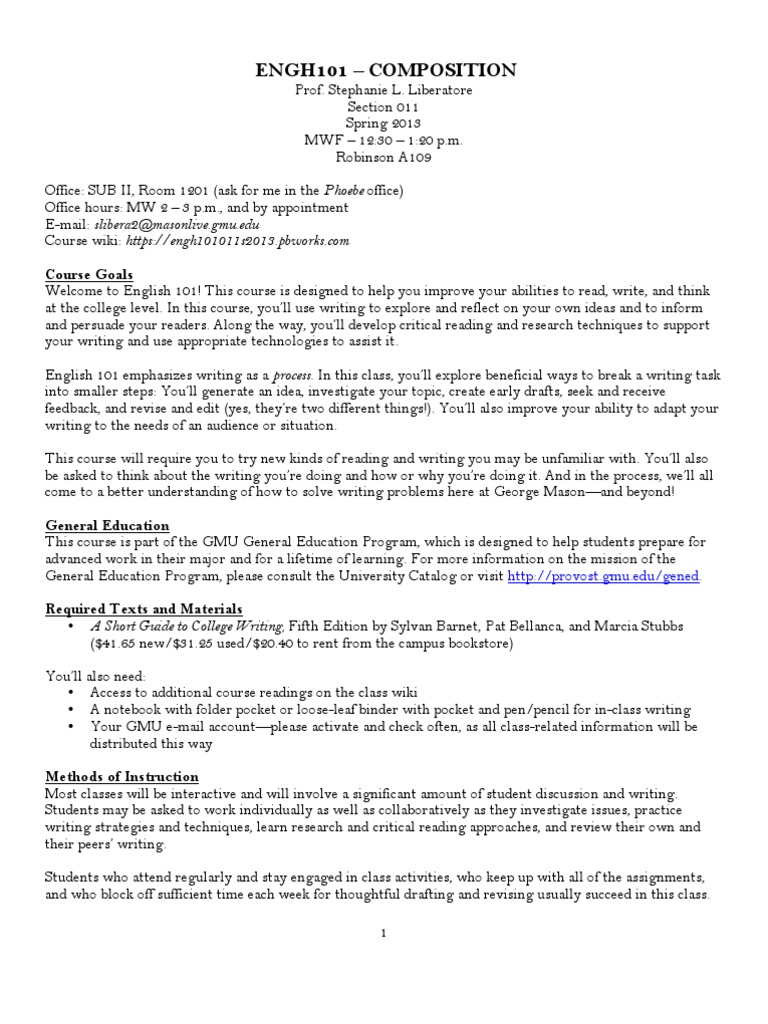 English 101 Syllabus | PDF | Citation | Homework