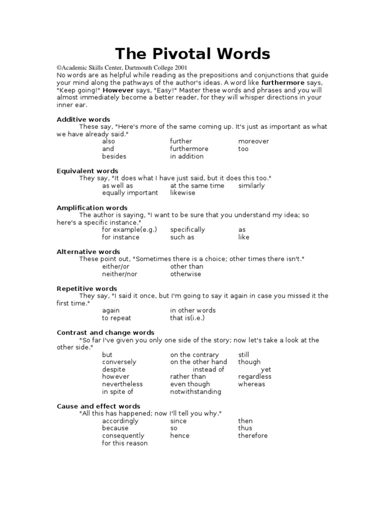 The Pivotal Words: ©academic Skills Center, Dartmouth College 2001 | PDF