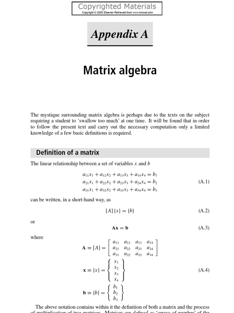Introduction To Matrix Algebra Defining Matrices Vectors Operations And Applications To