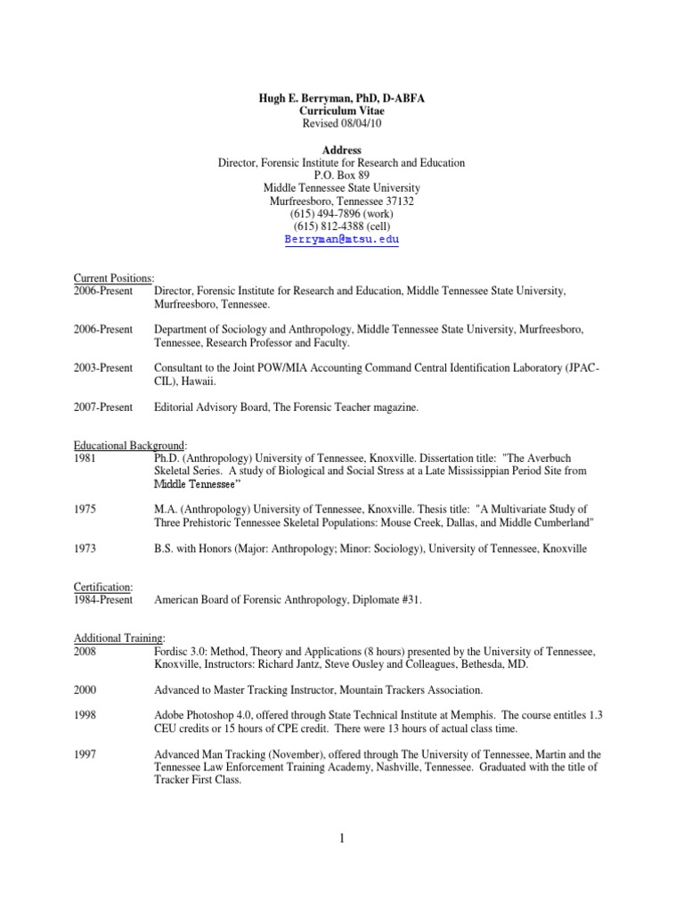 Hugh Berryman CV PDF | PDF | Tennessee | Anthropology