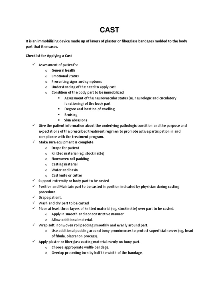 Cast Procedure Checklist | PDF | Home & Garden | Wellness