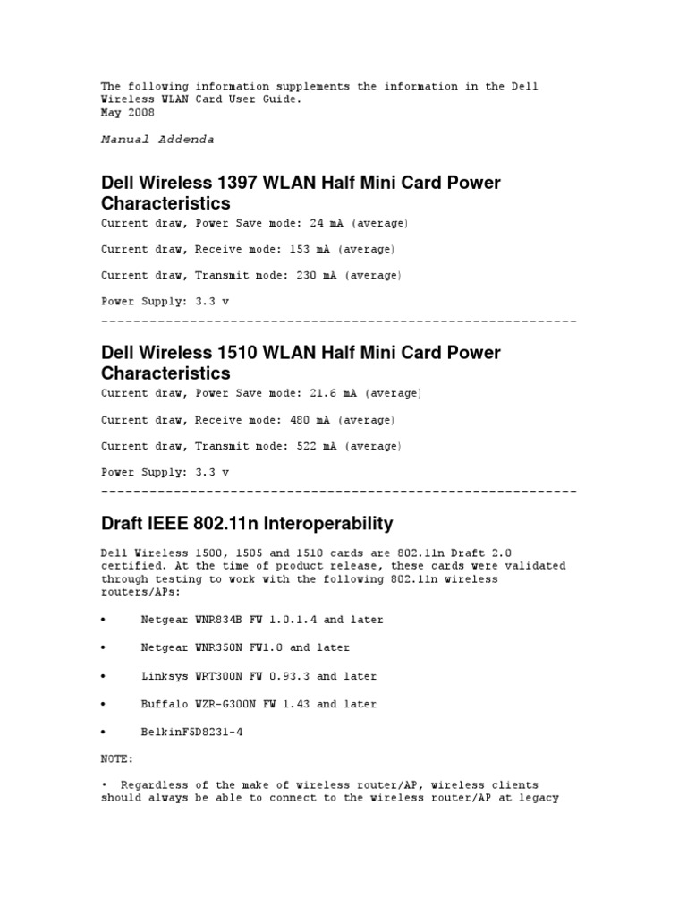 Dell Wireless 1397 WLAN Half Mini Card Power Characteristics | PDF ...