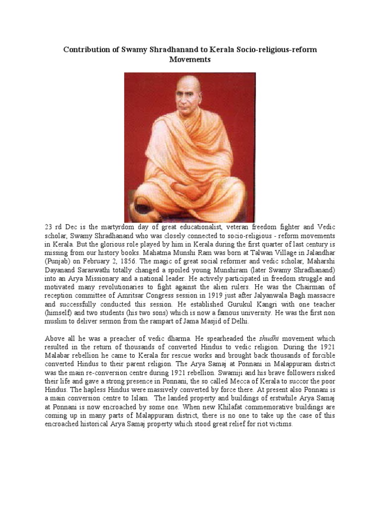 Contribution of swami shraddhanand to kerala | South Asia | Religious ...