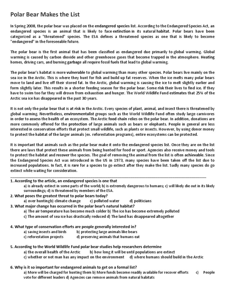 Reading (Polar Bears) | PDF | Polar Bear | Endangered Species