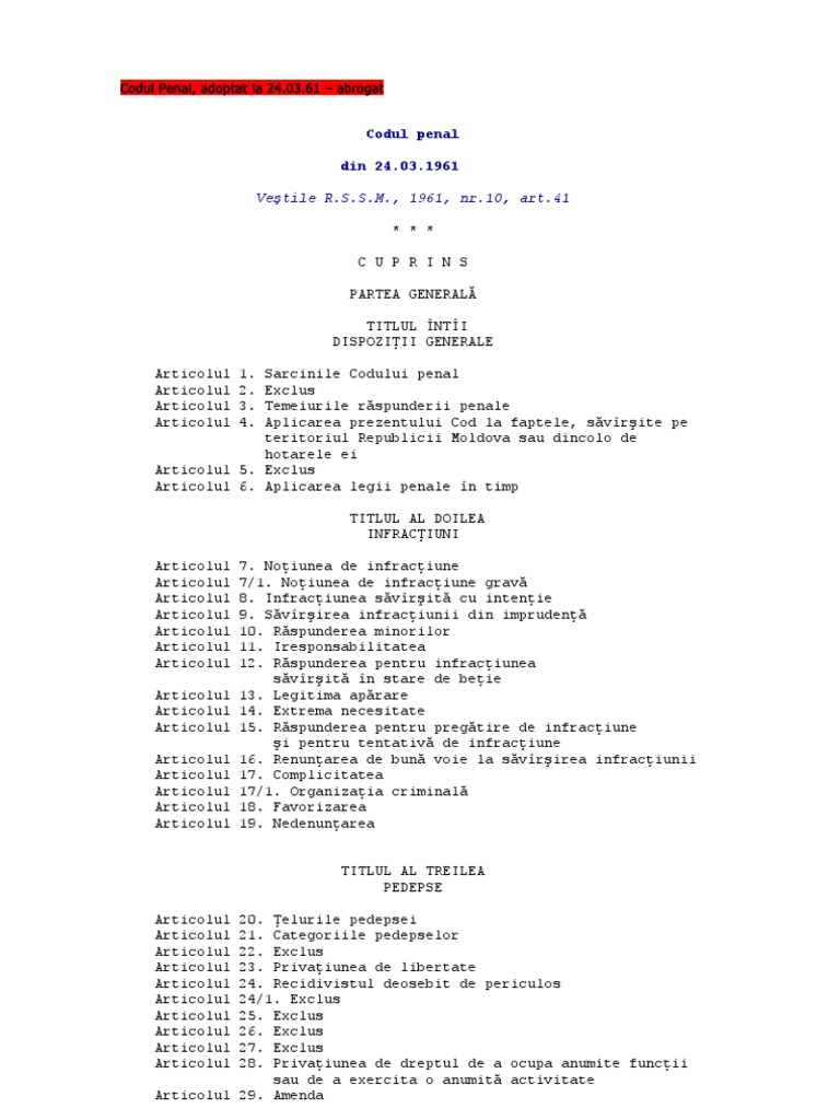 Codul Penal Al RM Din 1961 (Abrogat) | PDF