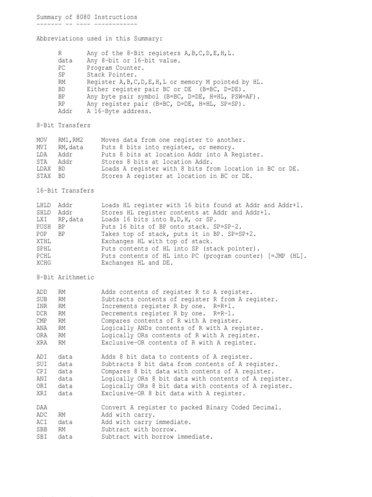 8080 Assembly Language Mnemonics | PDF | Assembly Language | Arithmetic 8080 Assembly Language Mnemonics | PDF | Assembly Language | Arithmetic