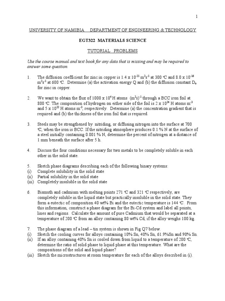 Analysis of Materials Science Tutorial Problems Addressing Key Concepts Such as Diffusion, Phase ...