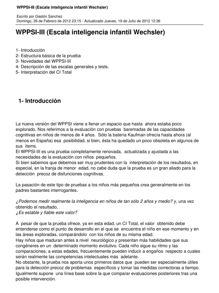 Wppsi III Escala Inteligencia Infantil Wechsler | PDF | Cociente de ...