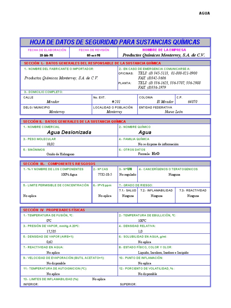MSDS Agua Desionizada y Seguridad | PDF | Agua | Química