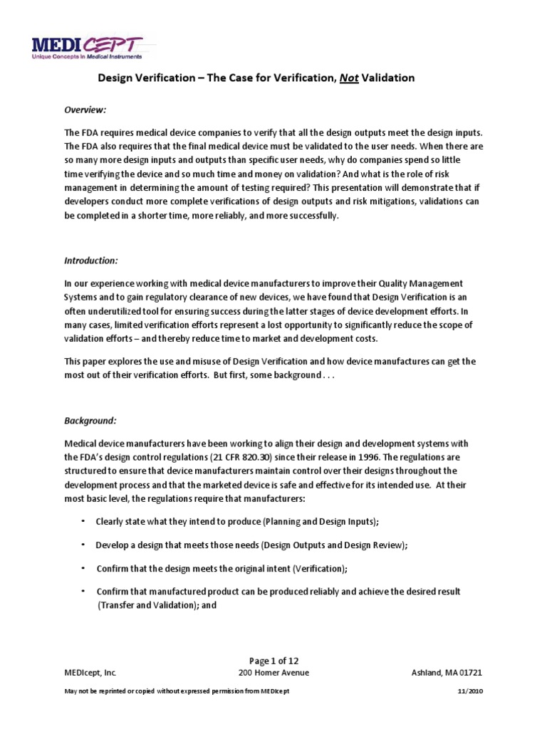 V&V White Paper | PDF | Verification And Validation | Medical Device