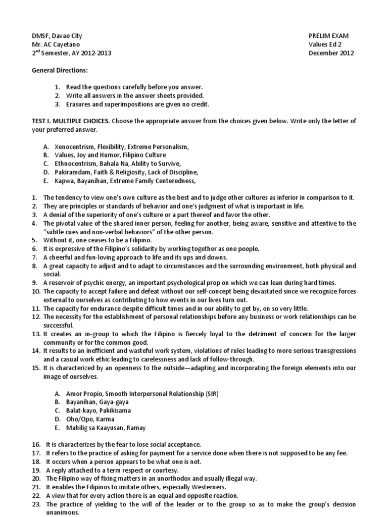 Values Education Prelim Exam Guide | PDF | Test (Assessment ...
