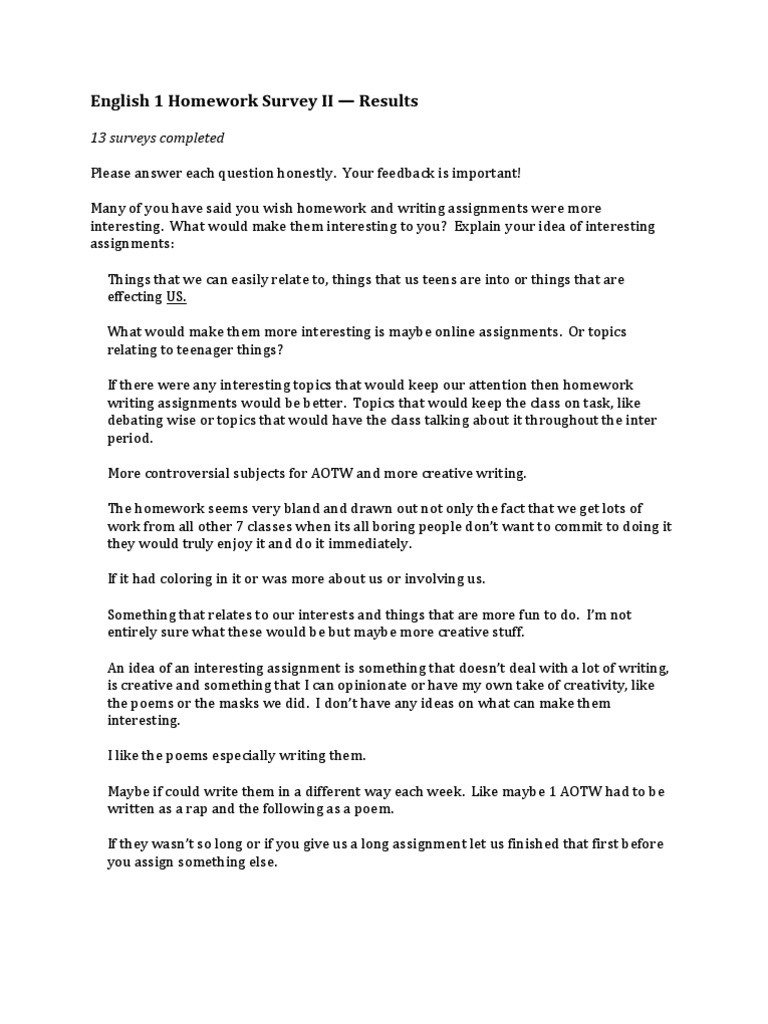 English 1 Homework Survey II - Results: 13 Surveys Completed | PDF ...