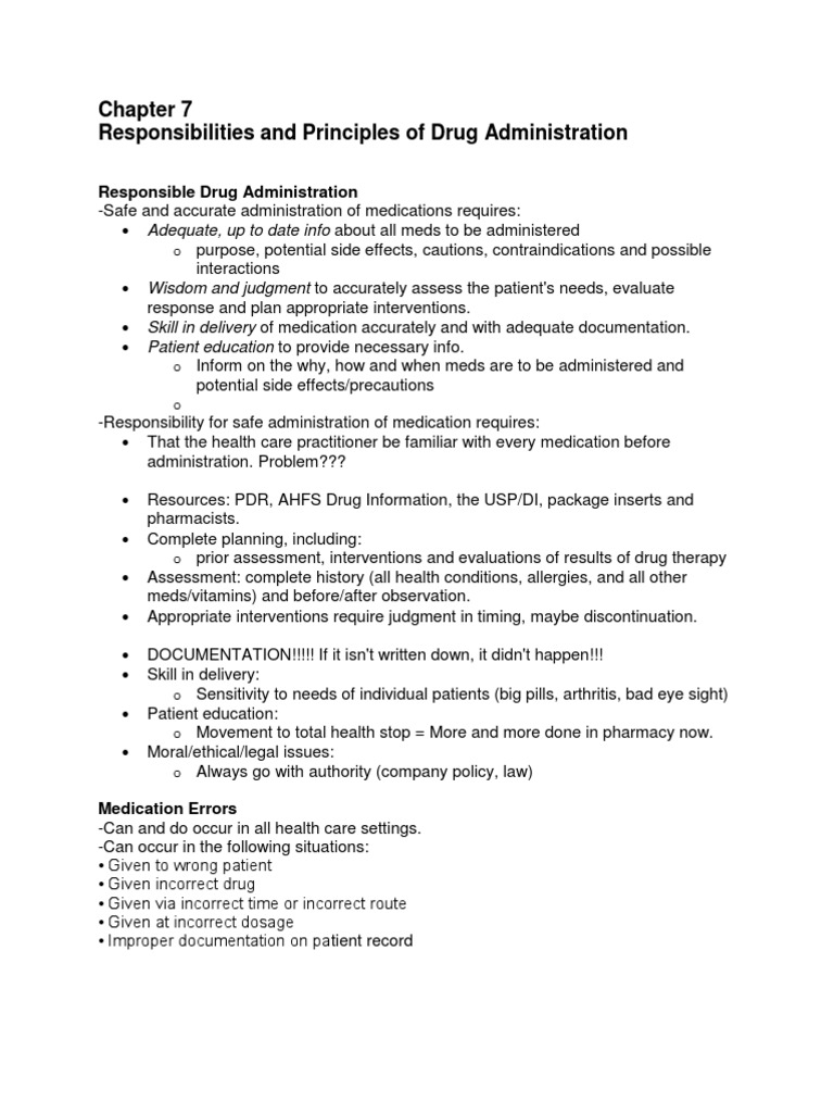 Responsibilities and Principles of Drug Administration | PDF