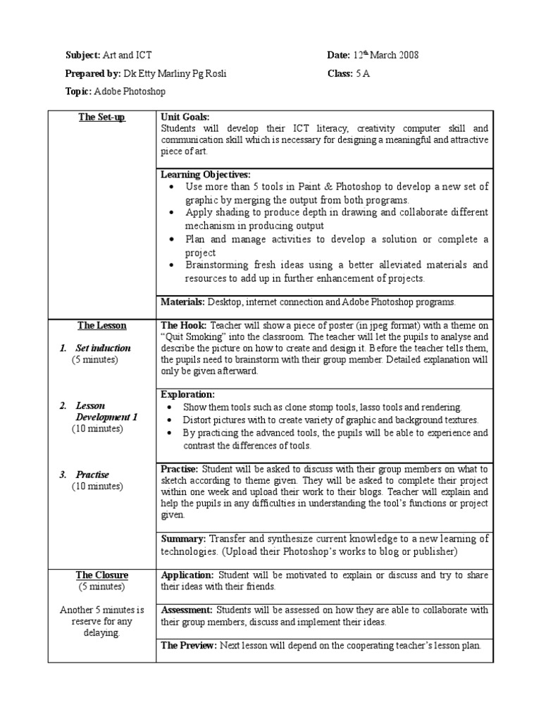 Lesson Plan Photoshop | Adobe Photoshop | Educational Technology