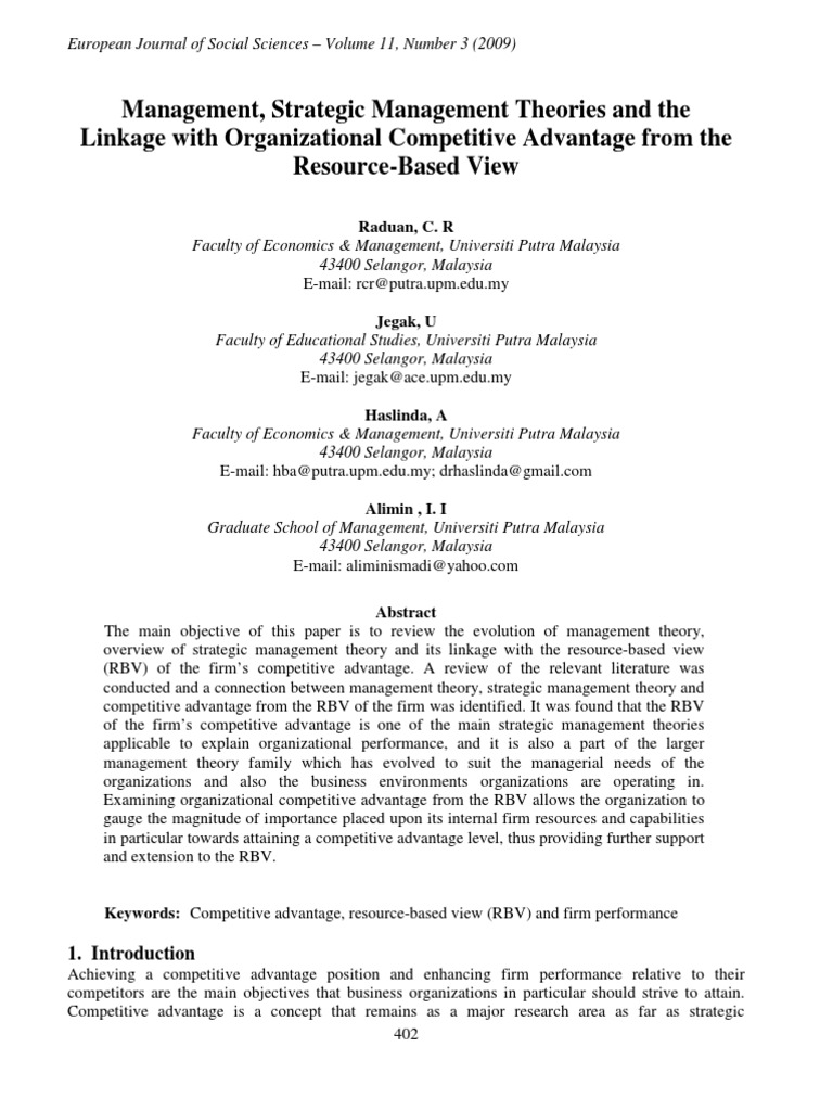Strategic Management Theories and The Linkage With Organizational ...
