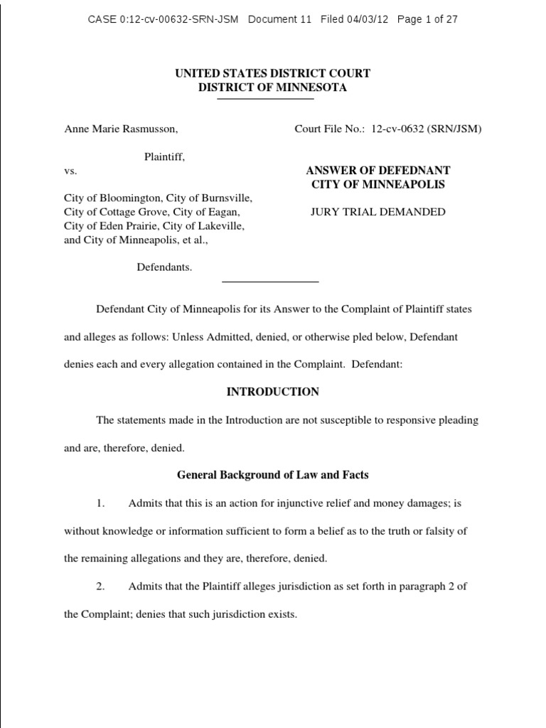 Anne Marie Rasmusson Minneapolis Answer To Complaint Federal Court ...