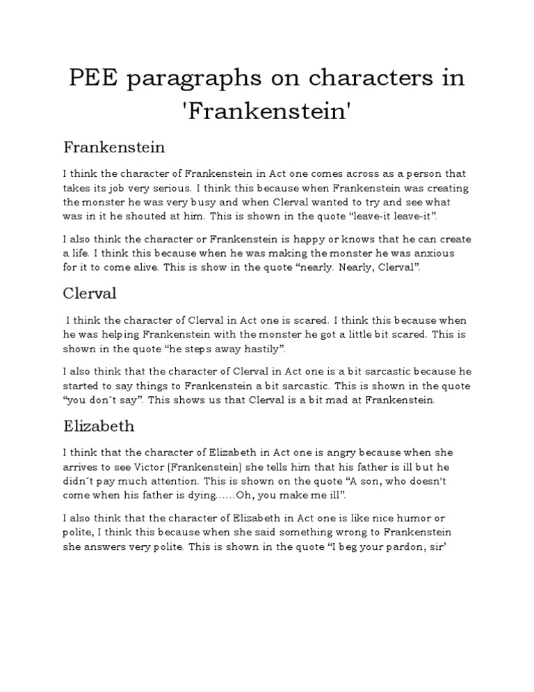 PEE Paragraphs On Characters in 'Frankenstein' | PDF