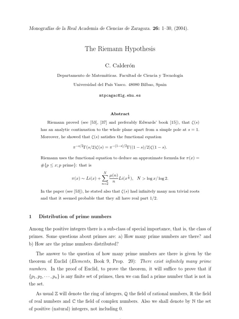 The Riemann Hypothesis and Distribution of Prime Numbers | PDF | Prime ...