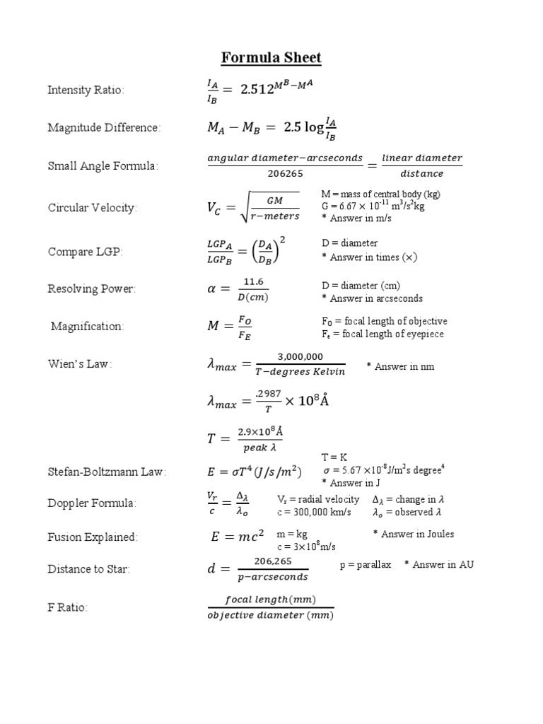 Astronomy Equations