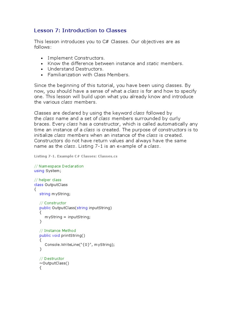 Lesson 7 Introduction To Classes Namespace Declaration Pdf Constructor Object Oriented