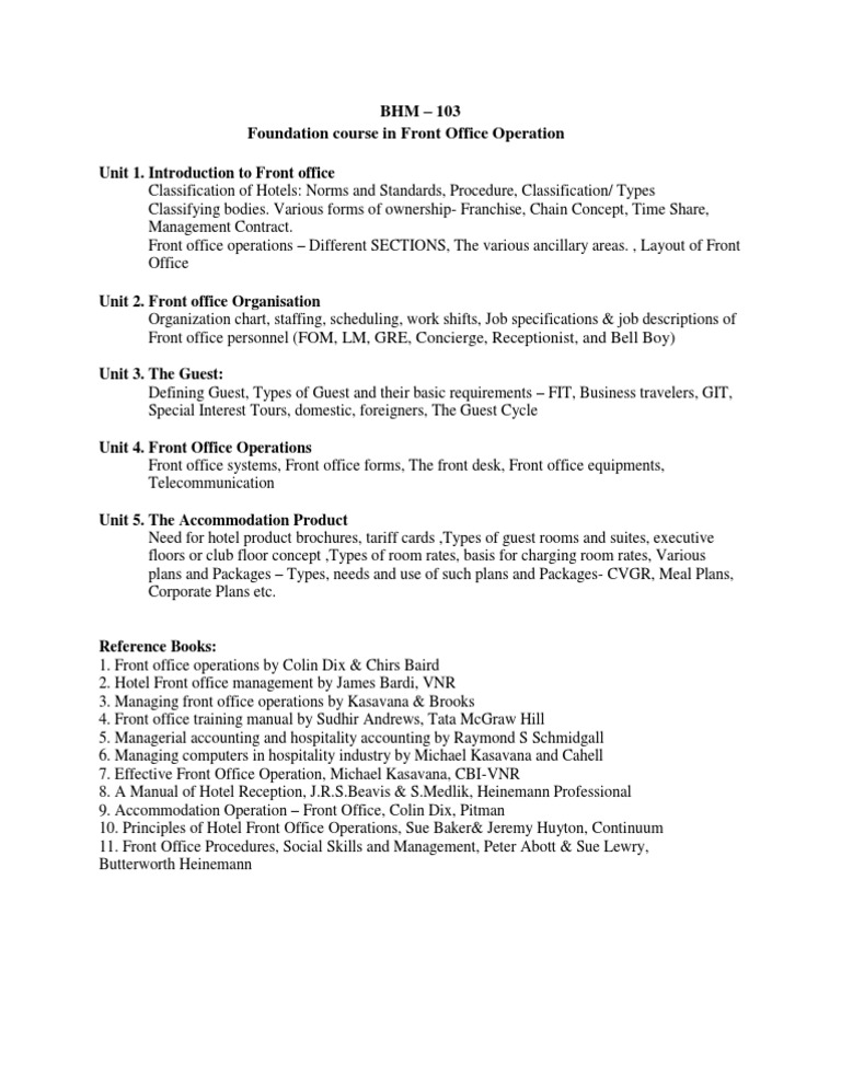 BHM - 103 Foundation Course in Front Office Operation | PDF | Business