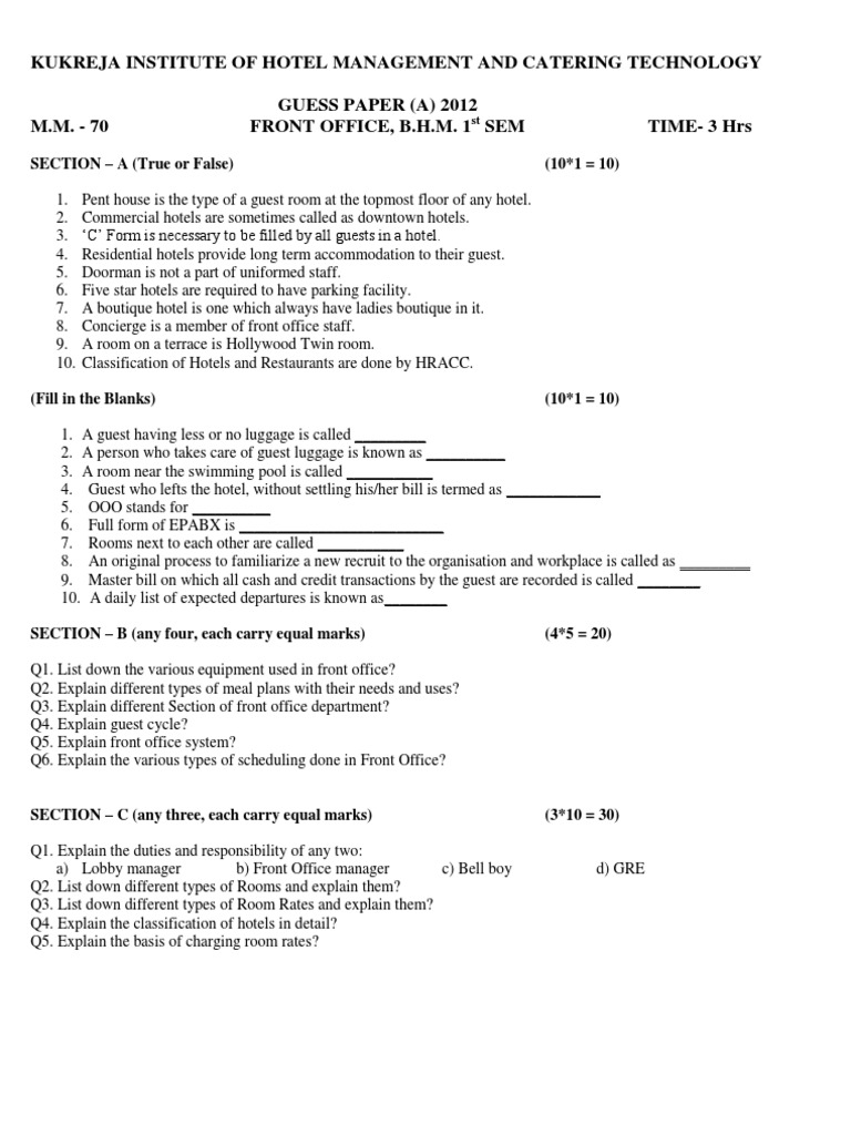 Guess Question Paper | PDF | Hotel | Hotel And Accommodation