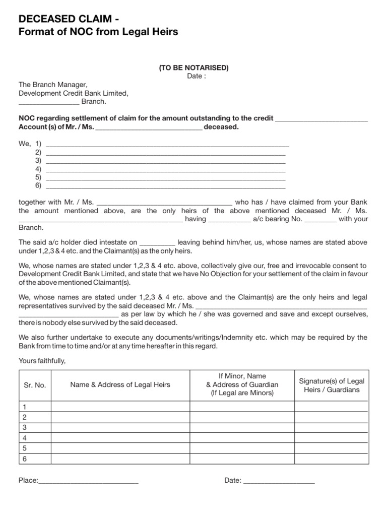 Deceased Claim - Format of NOC From Legal Heirs: (To Be Notarised ...