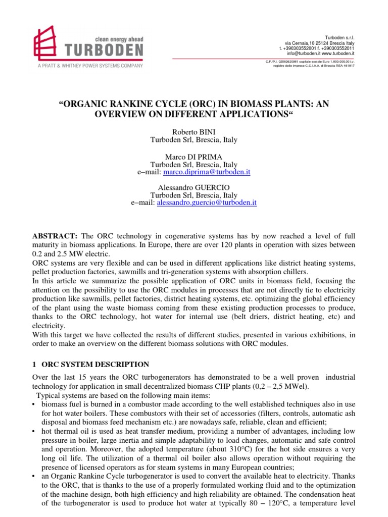 Turboden - ORC in Biomass Plants Overview | Download Free PDF | Cogeneration | Biomass